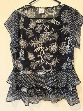 CAbi | Tops | Cabi Navy Blue And White Floral Layered Ruffle Blouse ...